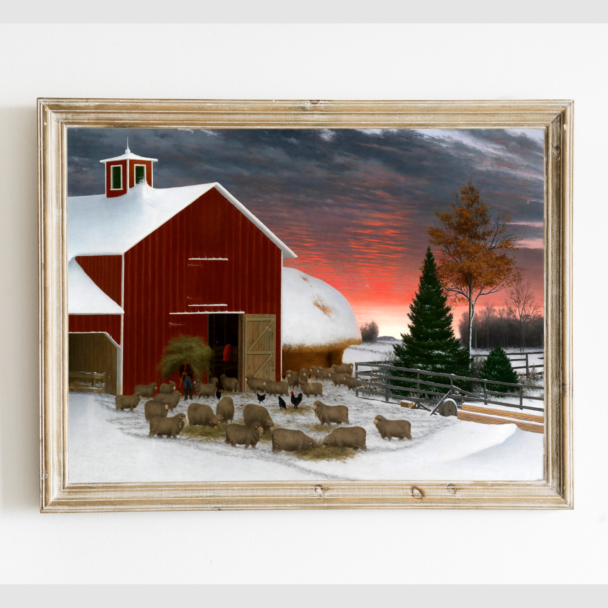Vintage Winter Barnyard and Sheep Scene Printable Painting, Antique ...