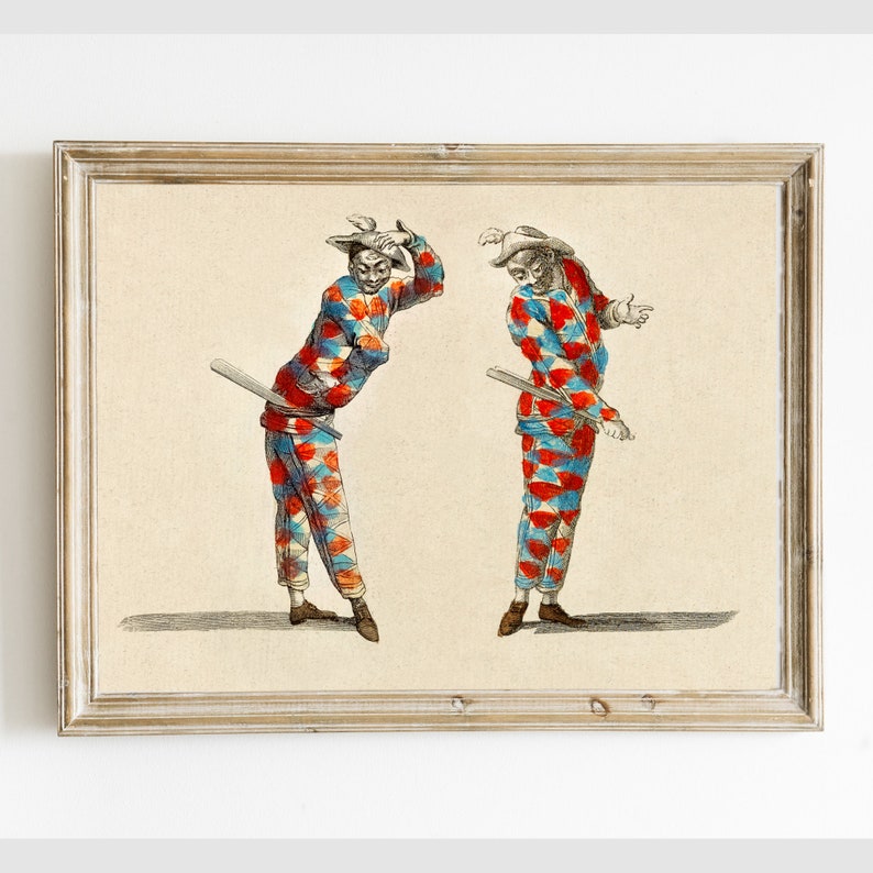 Ilustración imprimible de arlequín vintage, arte de pared digital ...