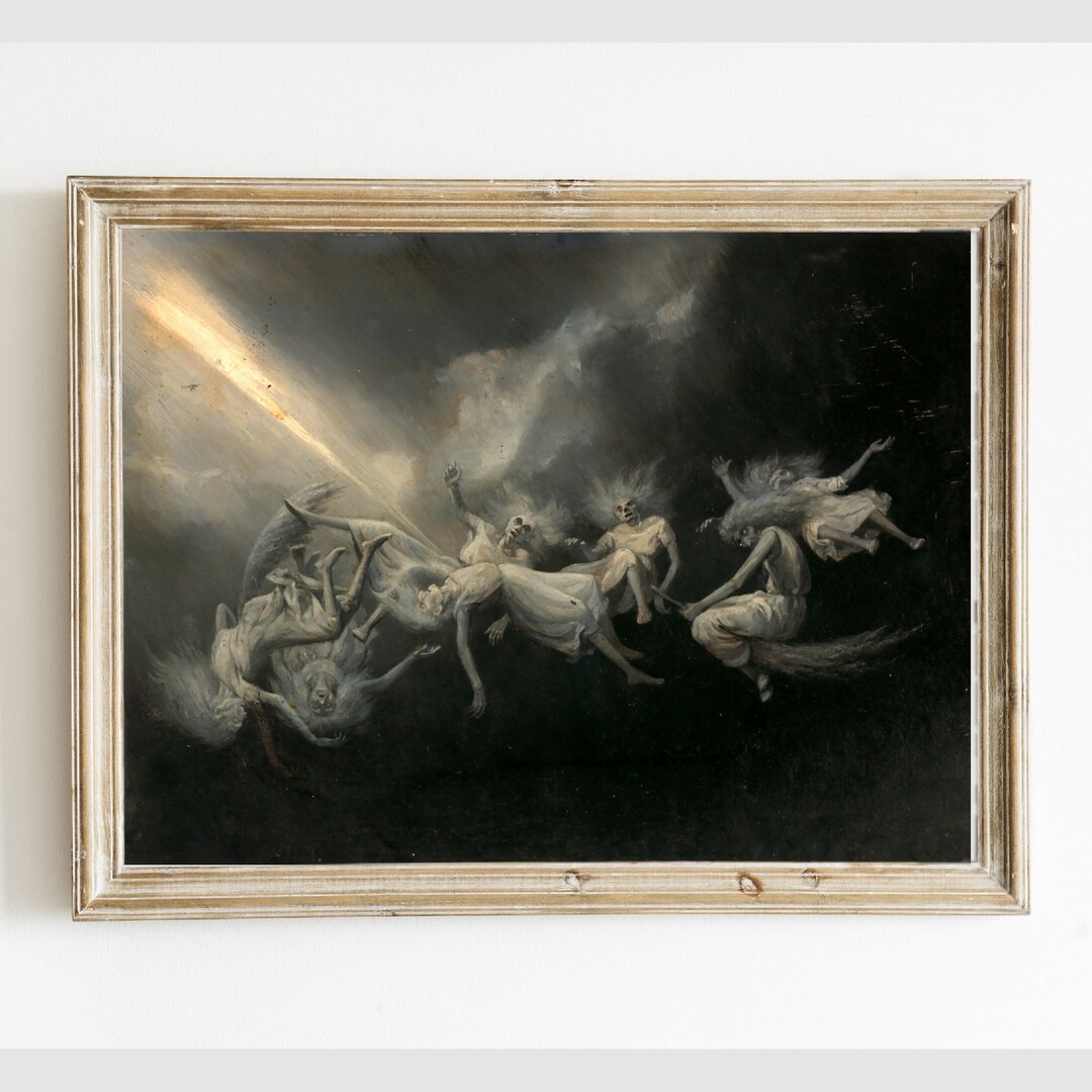 Antique Witches Coven Painting Printable Lightning Strike, Vintage ...