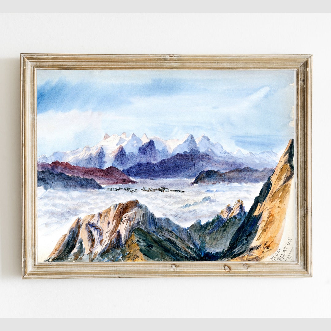 Vintage Mountain Landscape Printable Painting, Vintage Watercolor ...