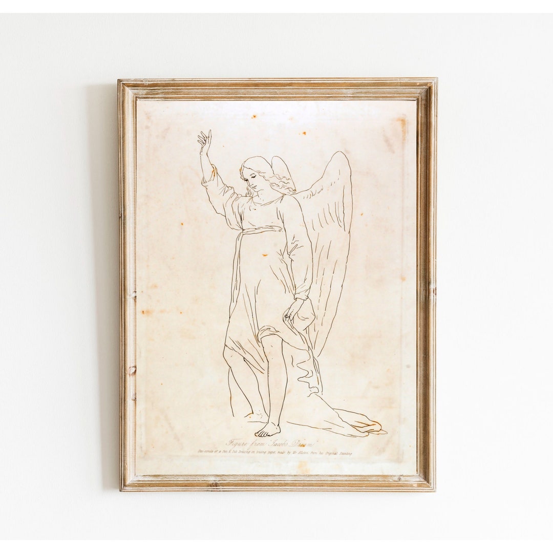 Vintage Printable Sketch Drawing of an Angel With Wings, Female Angel ...