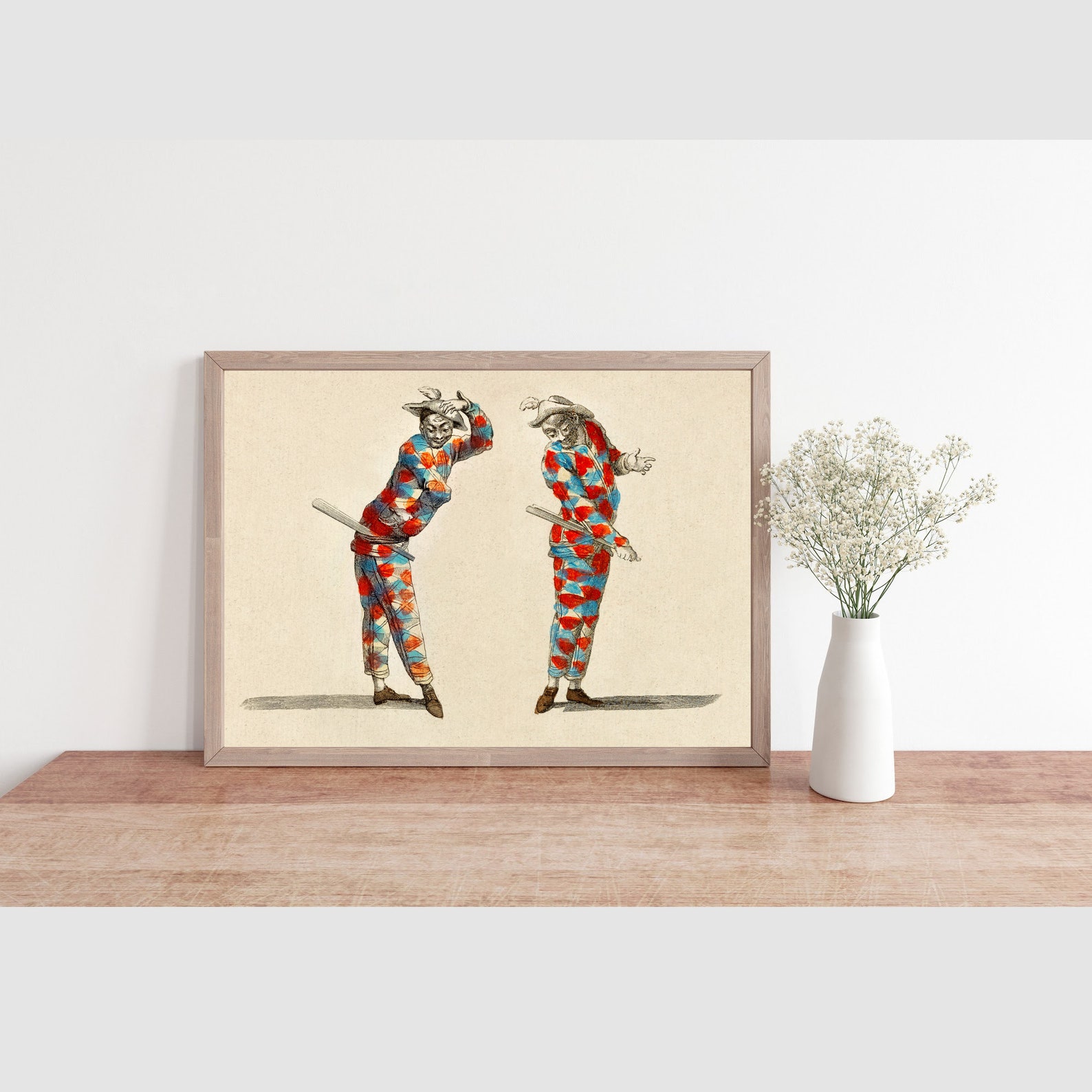 Ilustración imprimible de arlequín vintage, arte de pared digital ...