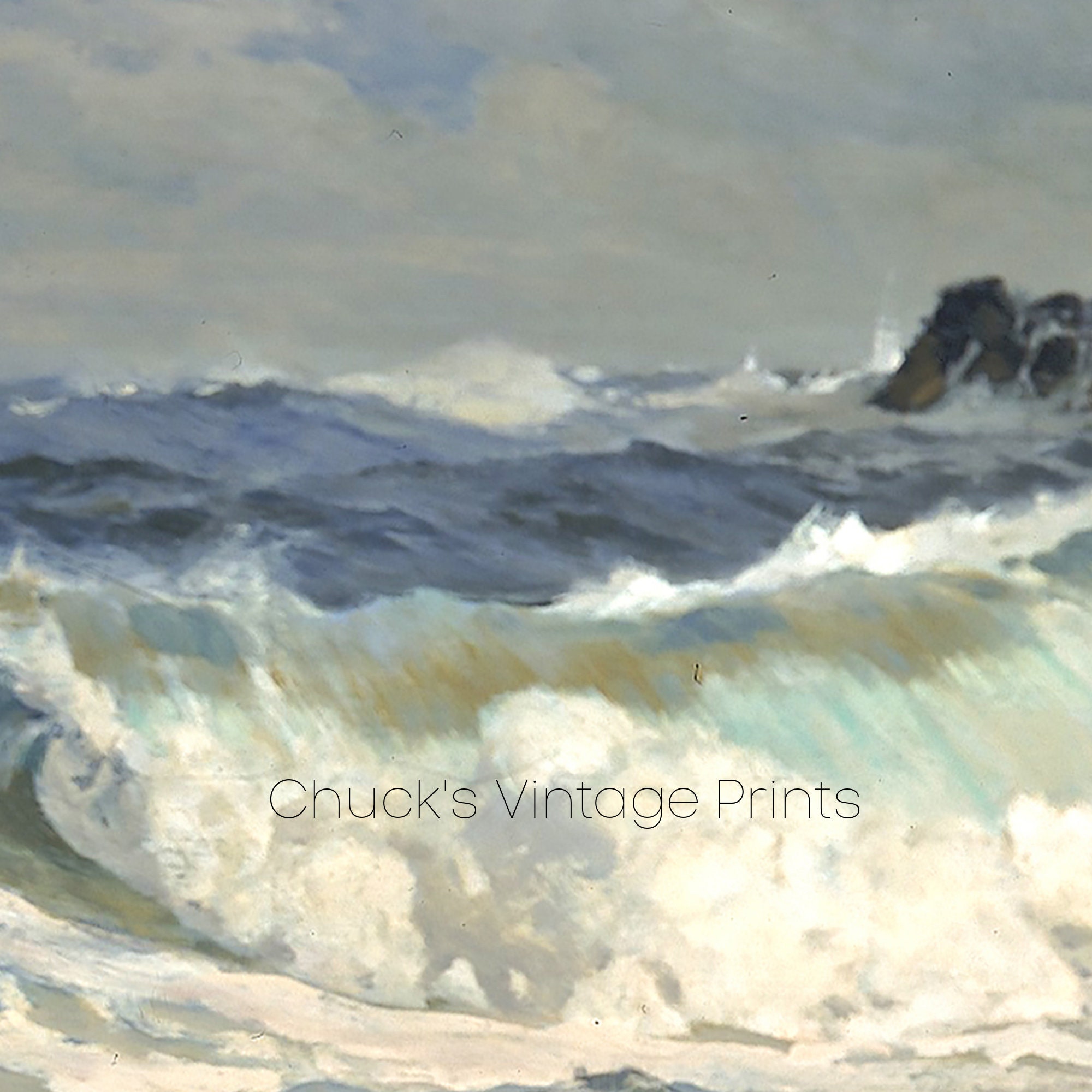 Vintage Wave Seascape Printable, White Crest Breaking Ocean Waves Heavy ...