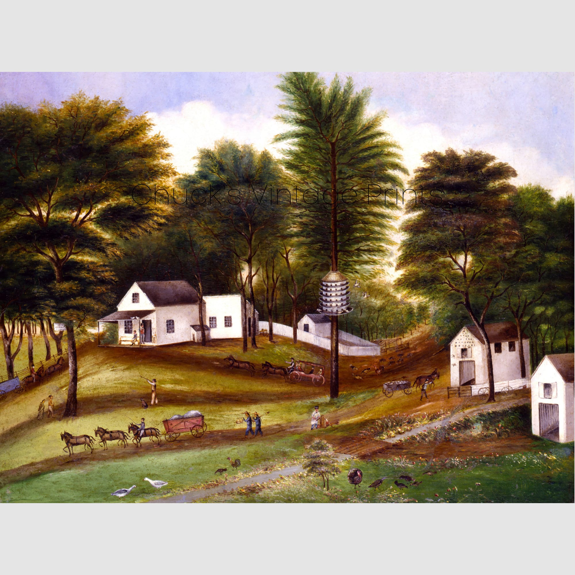 Vintage Rustic Farm House Farmyard Scene Painting Printable, Antique ...