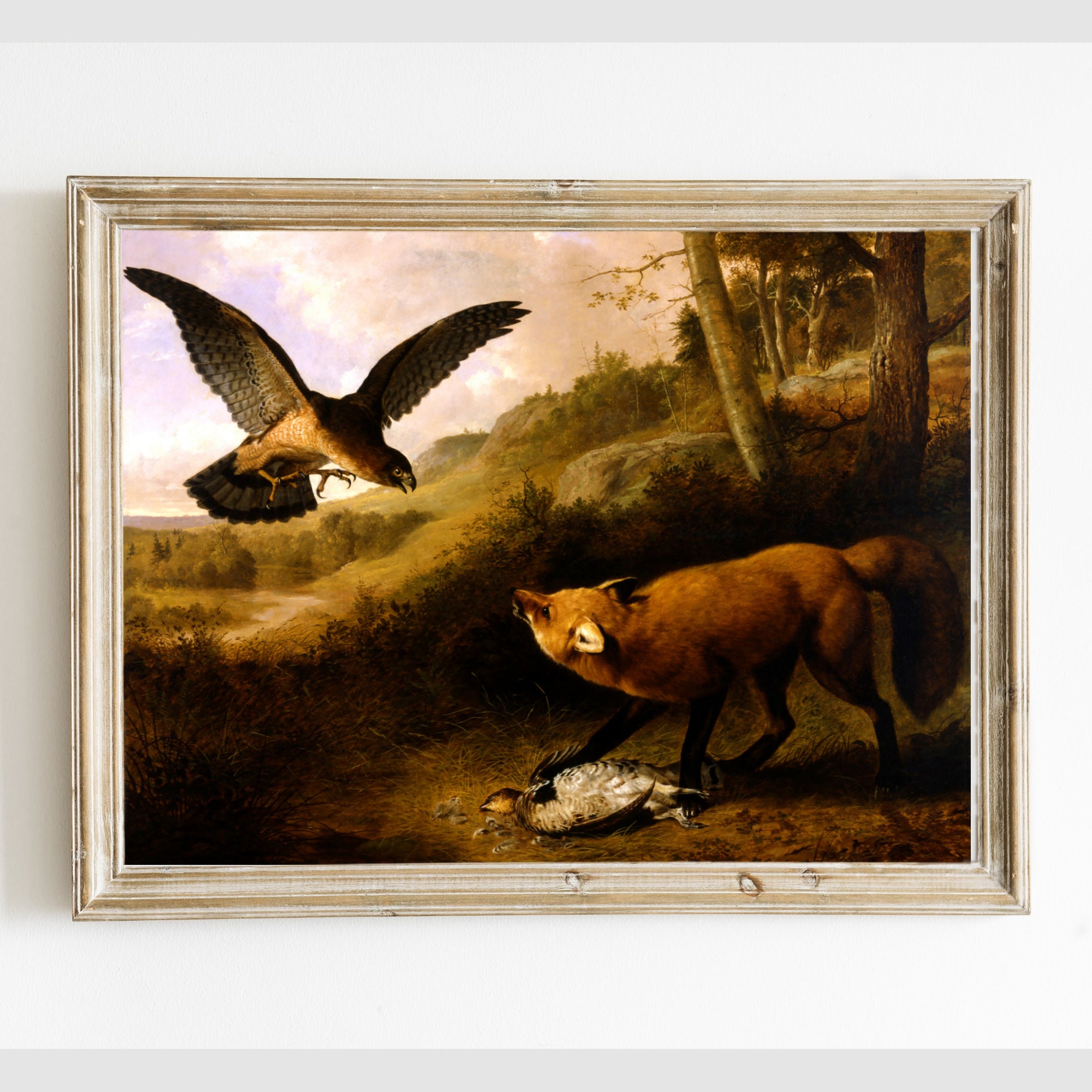 A Hawk and a Fox Vintage Printable Painting, Antique Farmhouse Country ...