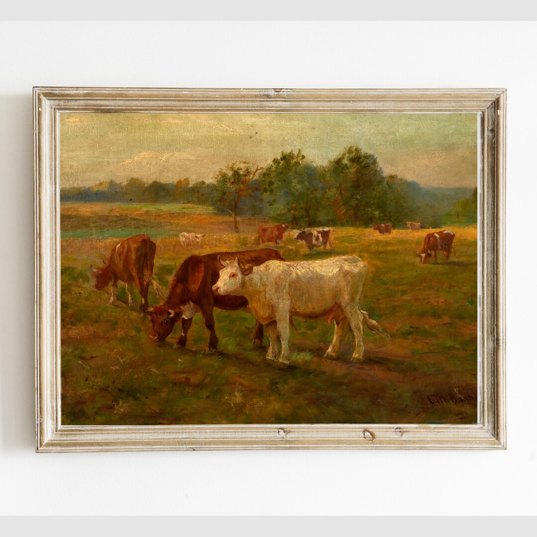 Antique Cows Printable Painting, Vintage Cattle Fields Farmland ...