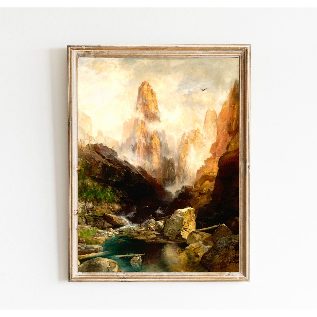 Vintage Printable Canyon Painting, Mountain Landscape Portrait Print ...