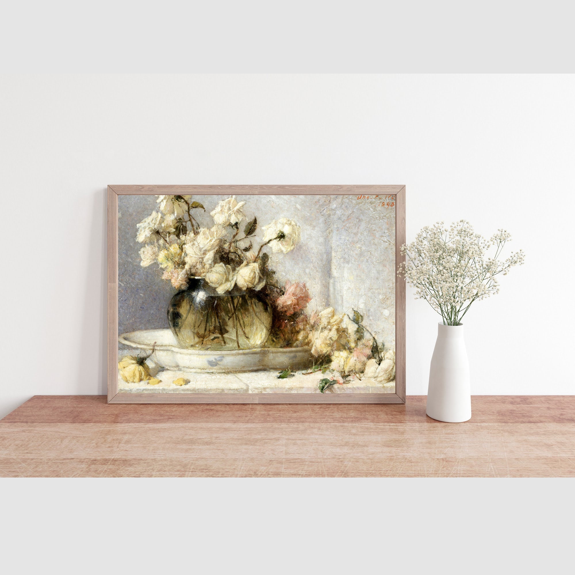 Vintage White Roses Still Life Printable Antique Digital Wall - Etsy