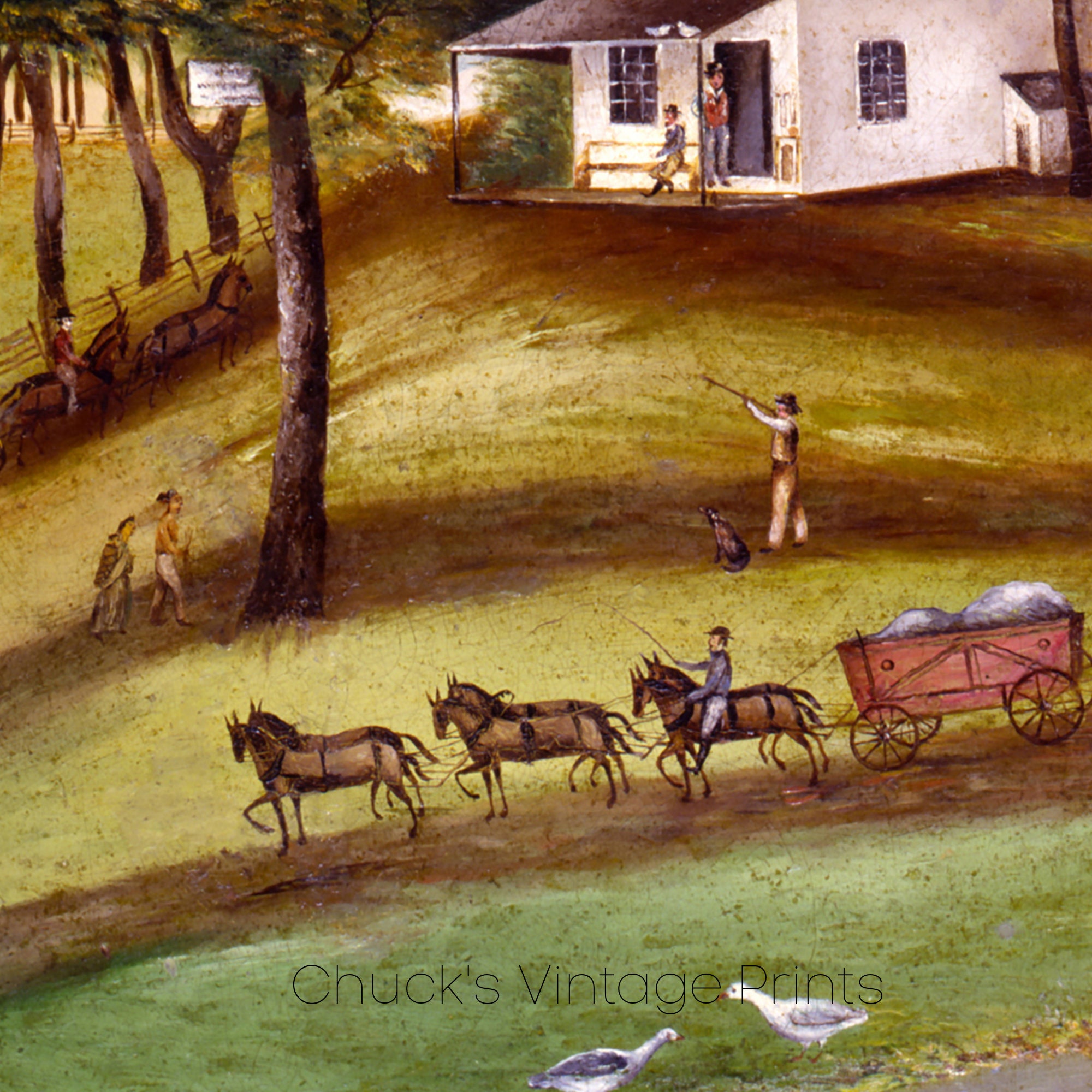 Vintage Rustic Farm House Farmyard Scene Painting Printable, Antique ...