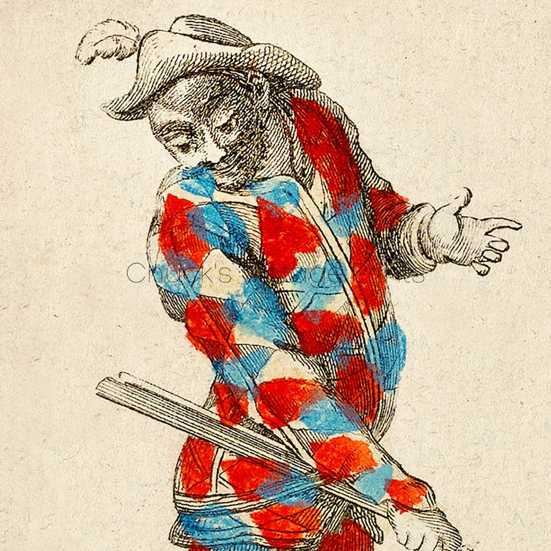 Ilustración imprimible de arlequín vintage, arte de pared digital ...
