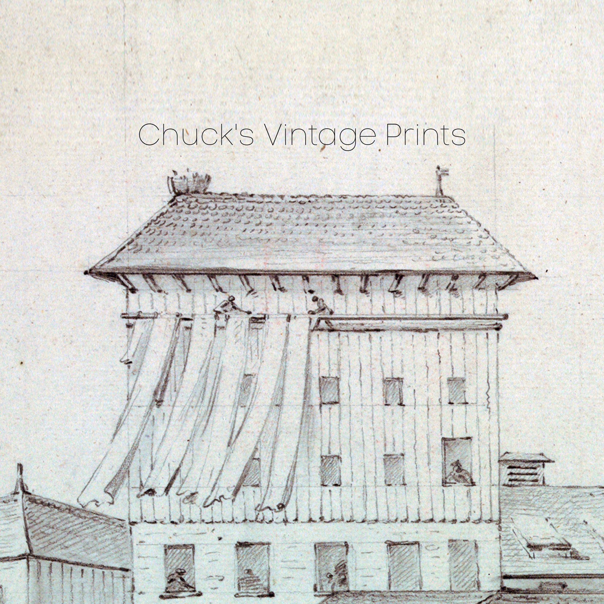 Vintage Printable Sketch Drawing of an Old Factory Building, Antique ...