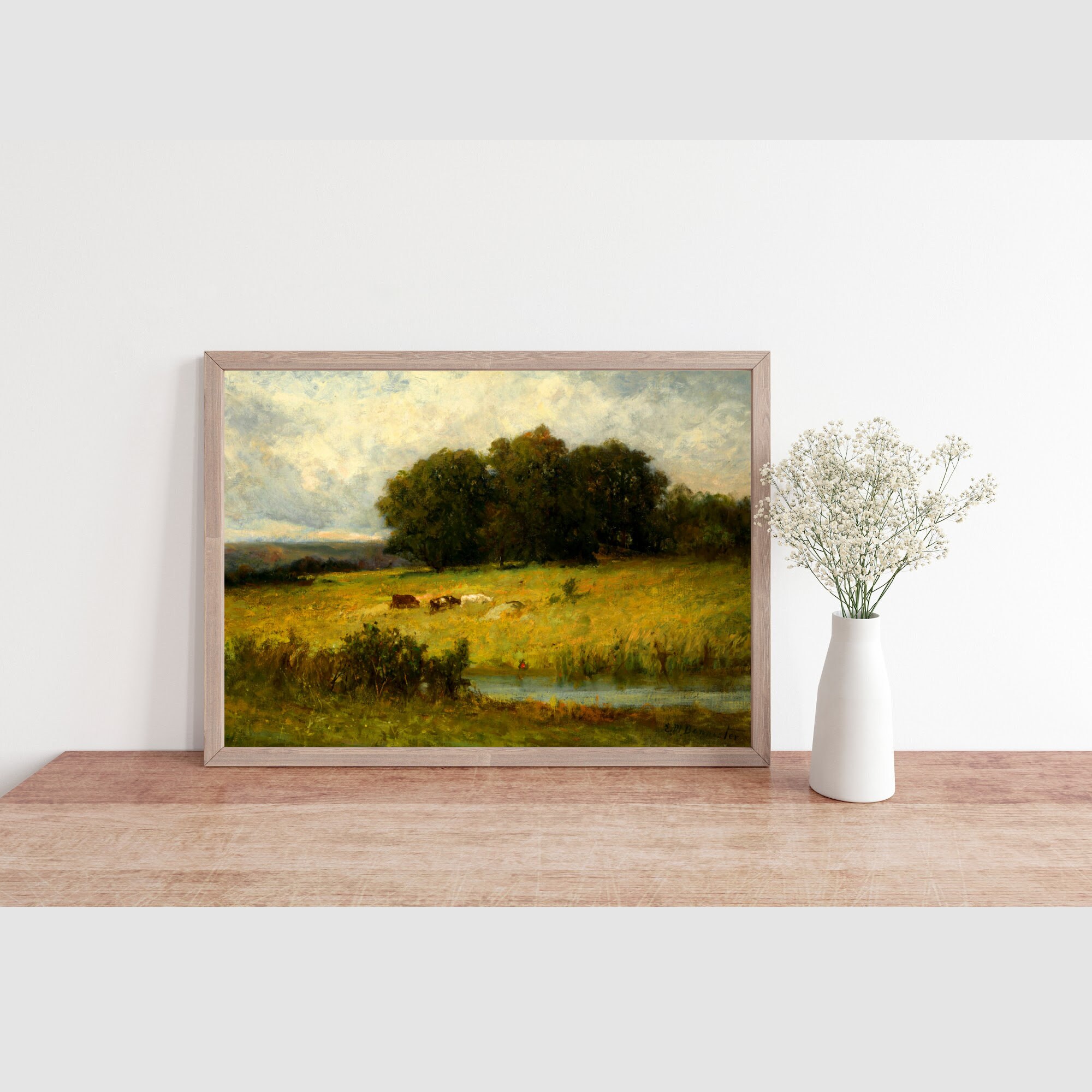 Cattle Grazing Near Stream Vintage Farmland Landscape Print, Cow Farm ...
