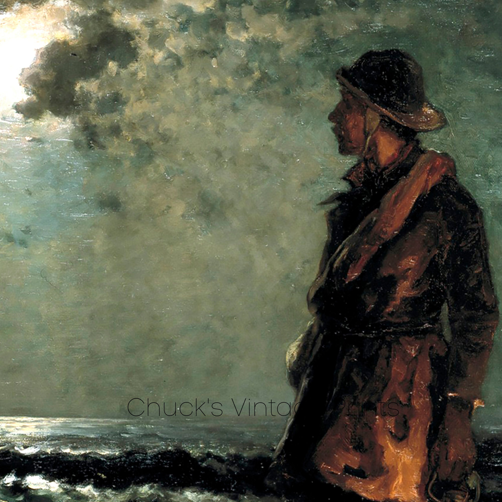 Man and Dog on Beach at Night Downloadable Vintage Painting Printable ...