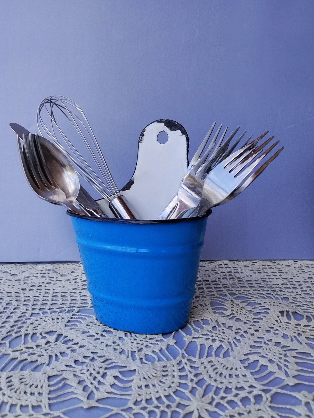 Vintage Enamel Utensil Holder - Blue,utensil Pot,enamel Rack,wall ...