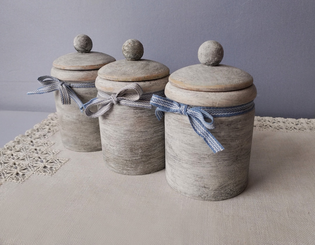 Hand-painted Wooden Storage Jars: Set of 3 Retro Kitchen Containers - Etsy