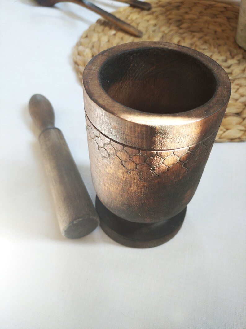 Vintage Wood Mortar, Handmade Wooden Mortar Pestle,vintage Garlic Press, Primitive Old Wooden ...
