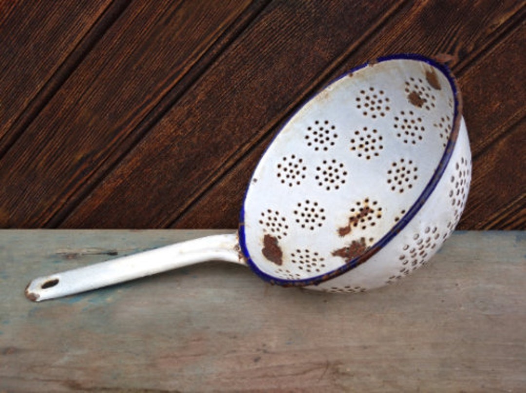 Vintage White Enamel Colander: Rustic Kitchen Strainer - Etsy