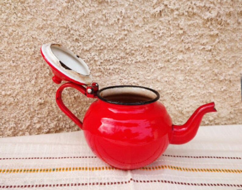 Vintage Enamel Kettle 60's,vintage Red Enamel Teapot,antique Enamelware ...