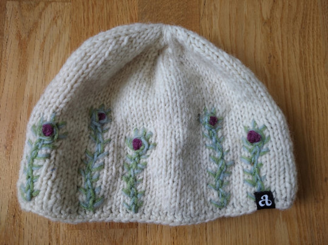 Vintage White Wool Knit Hat Cap With Embroidered Flowers, Winter Wool ...