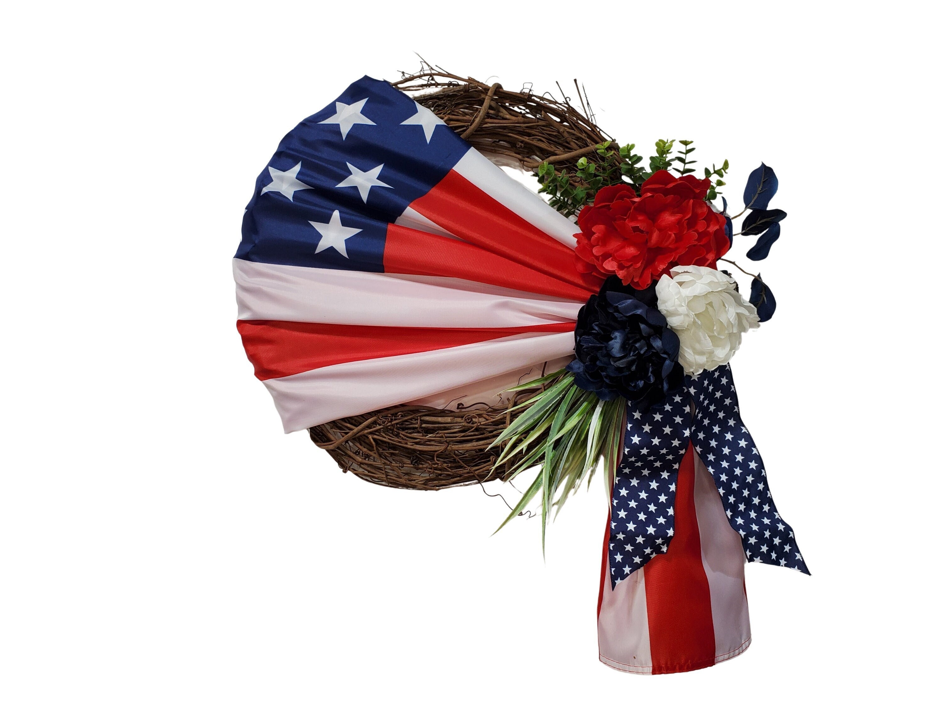 Flag Drape Grapevine Patriotic Wreath, With Red, White and Blue Florals ...