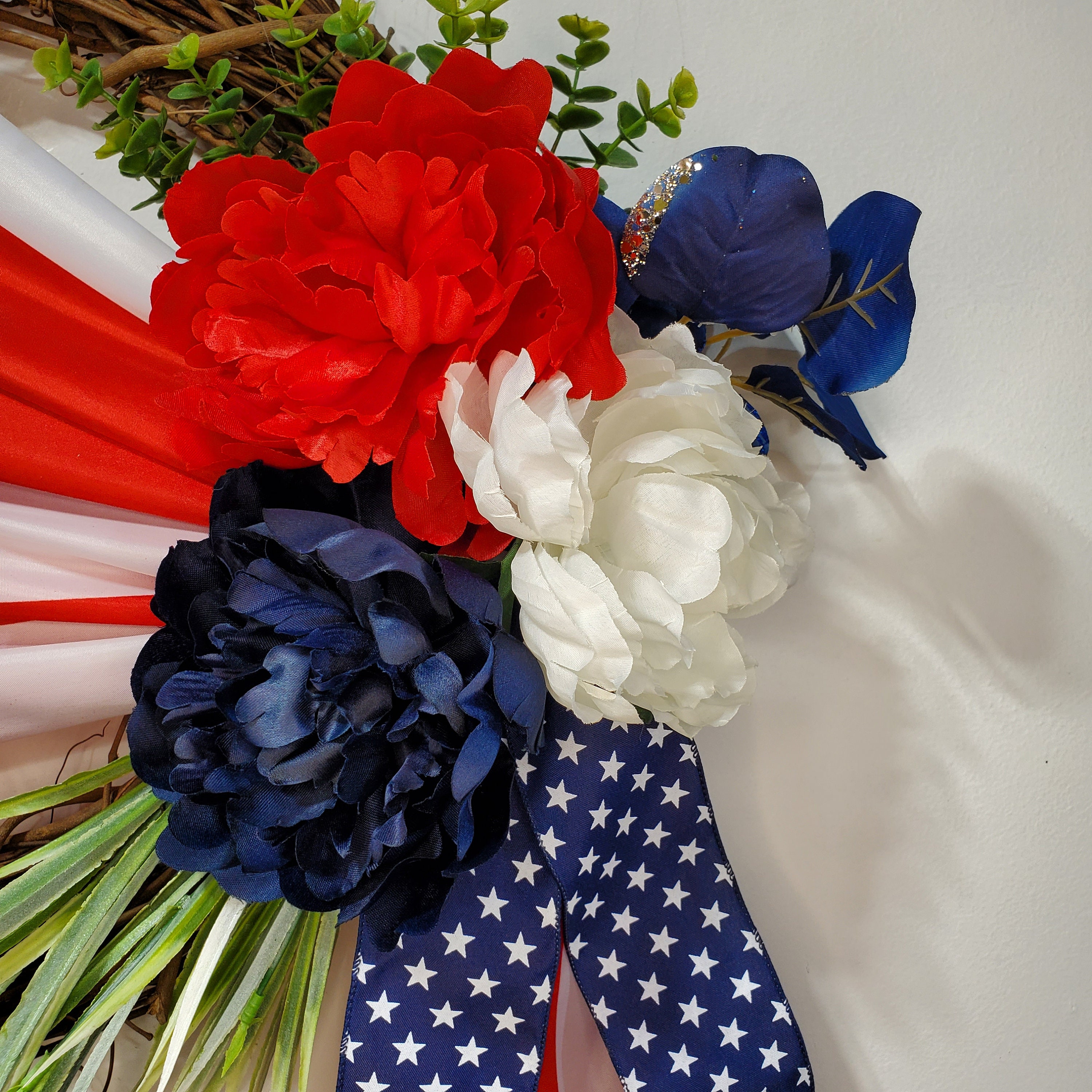 Flag Drape Grapevine Patriotic Wreath, With Red, White and Blue Florals ...