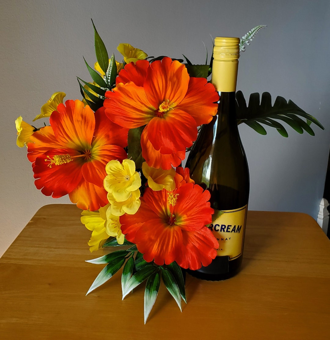 Luau Hawaiian Red Hibiscus With Yellow Florals, Summer Wine Bottle/led ...