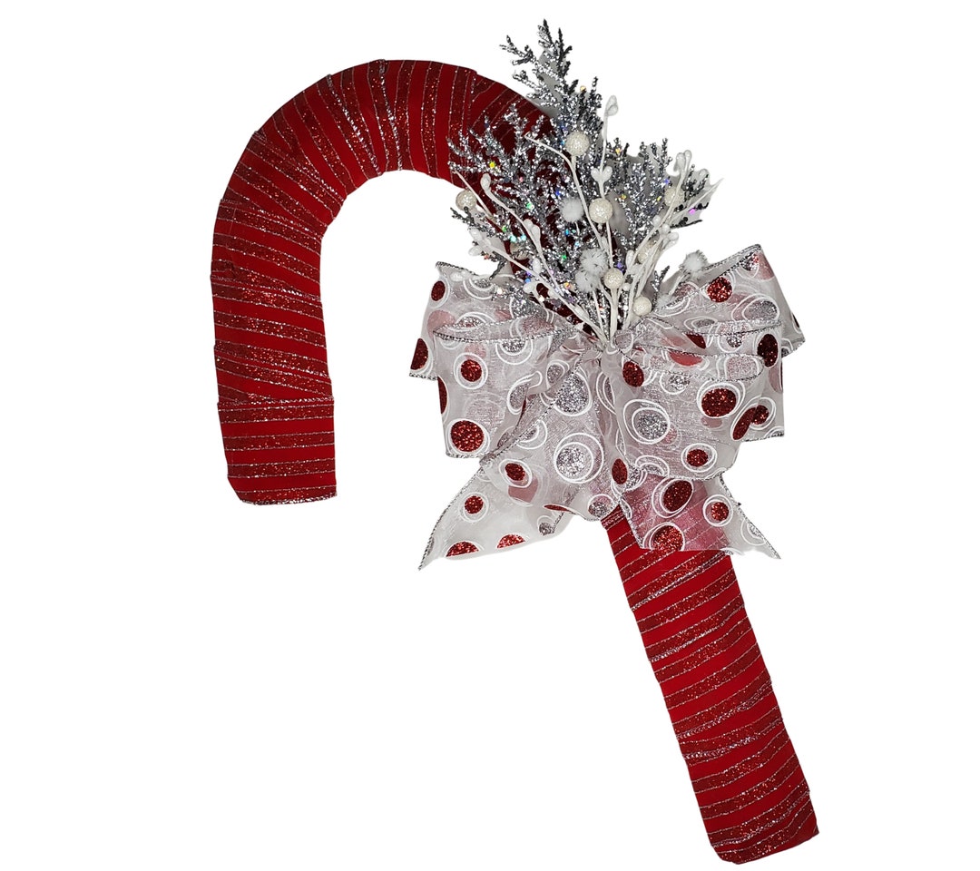 Red and Silver Christmas Candy Cane Wreath for Front Door, Silver Ferns ...