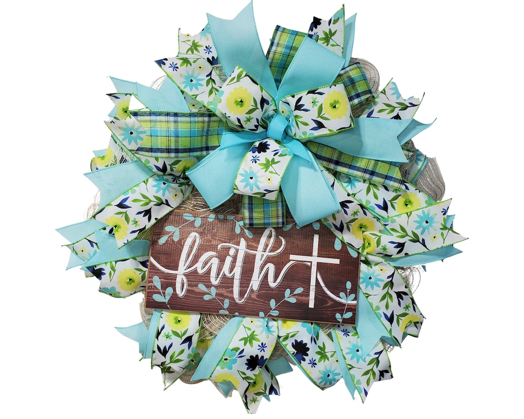 Religious Wreath With Faith Sign, Cross, Blue Floral Ribbon, First ...