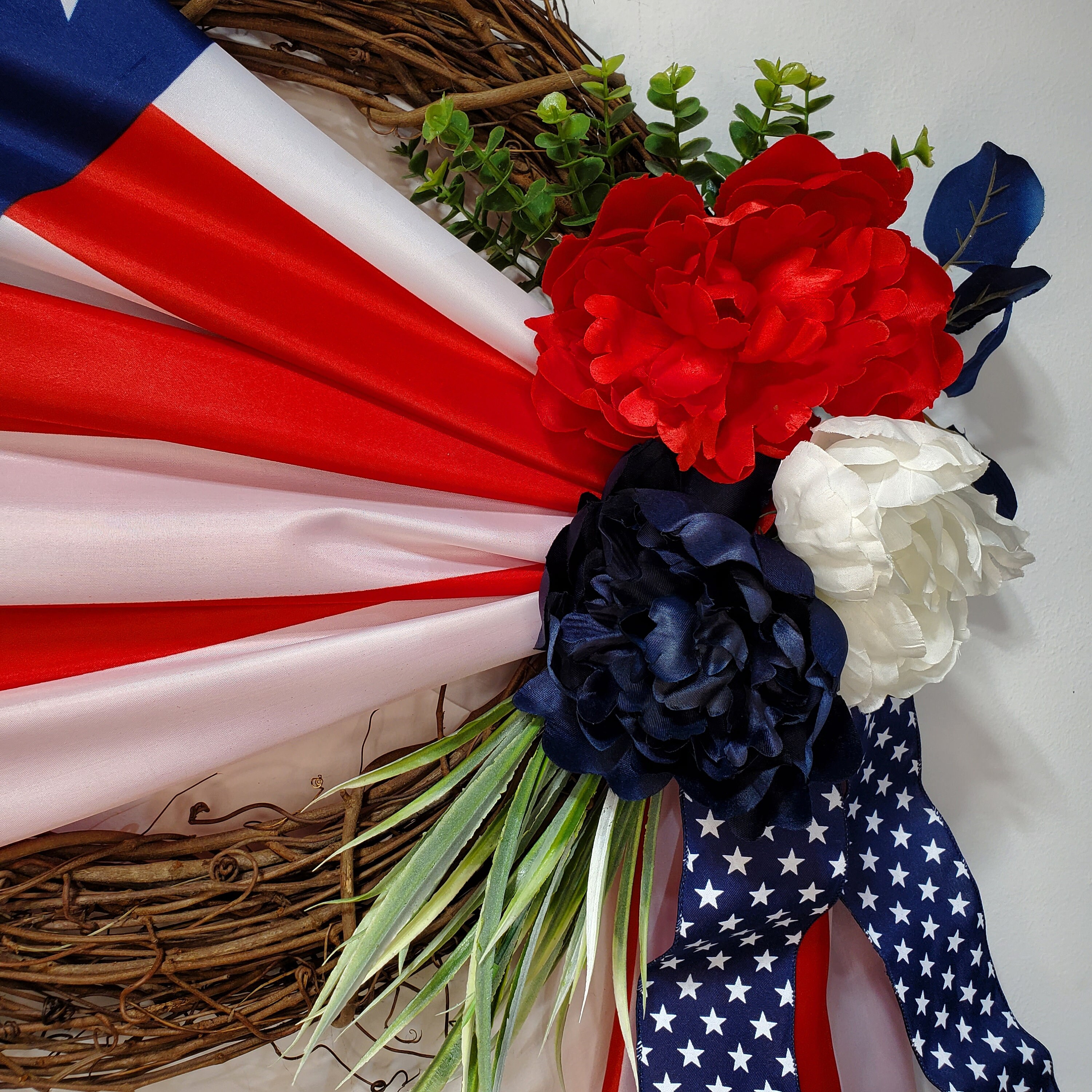 Flag Drape Grapevine Patriotic Wreath, With Red, White and Blue Florals ...