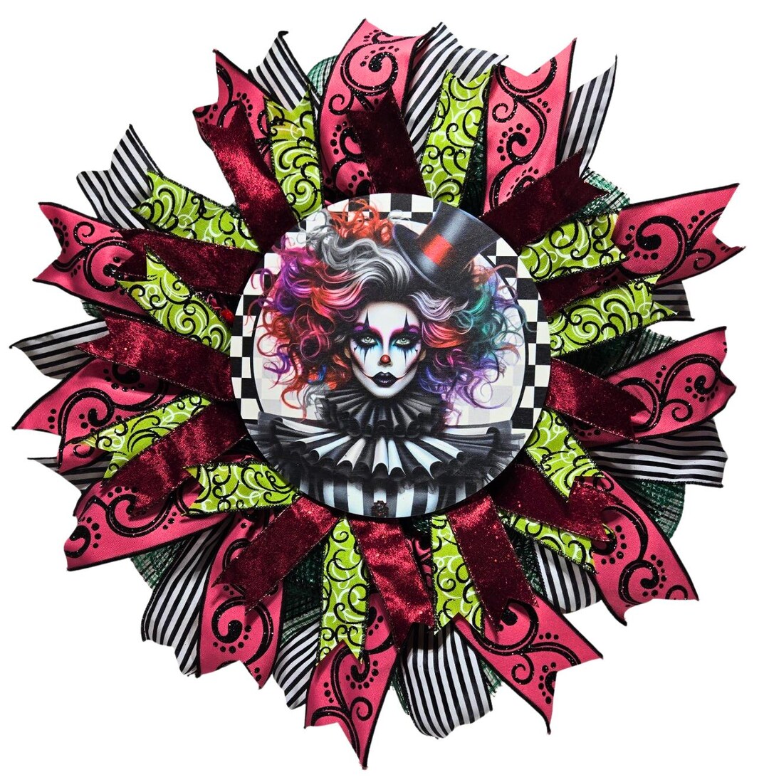 Gothic Clown Halloween Wreath, Creepy Circus Door Decor, Spooky Glam ...