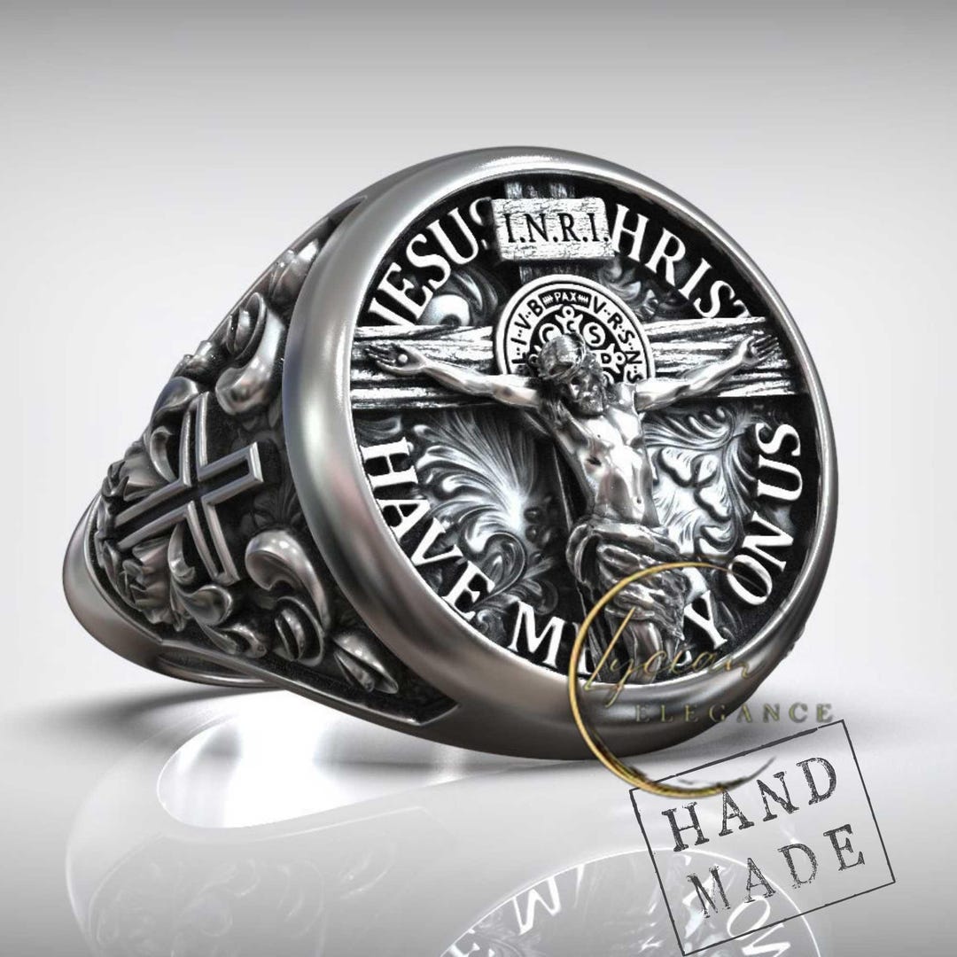 Jesus Christ Crucifixion Signet Ring With Mercy Prayer, Catholic ...