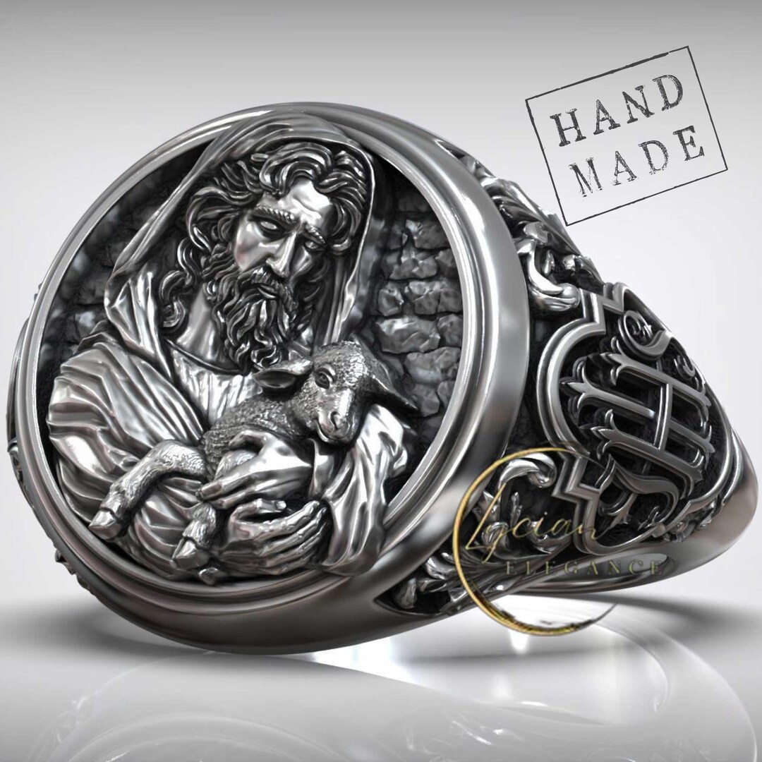 Jesus Christ Good Shepherd Ring With Lamb and Baroque Cross, Handmade ...