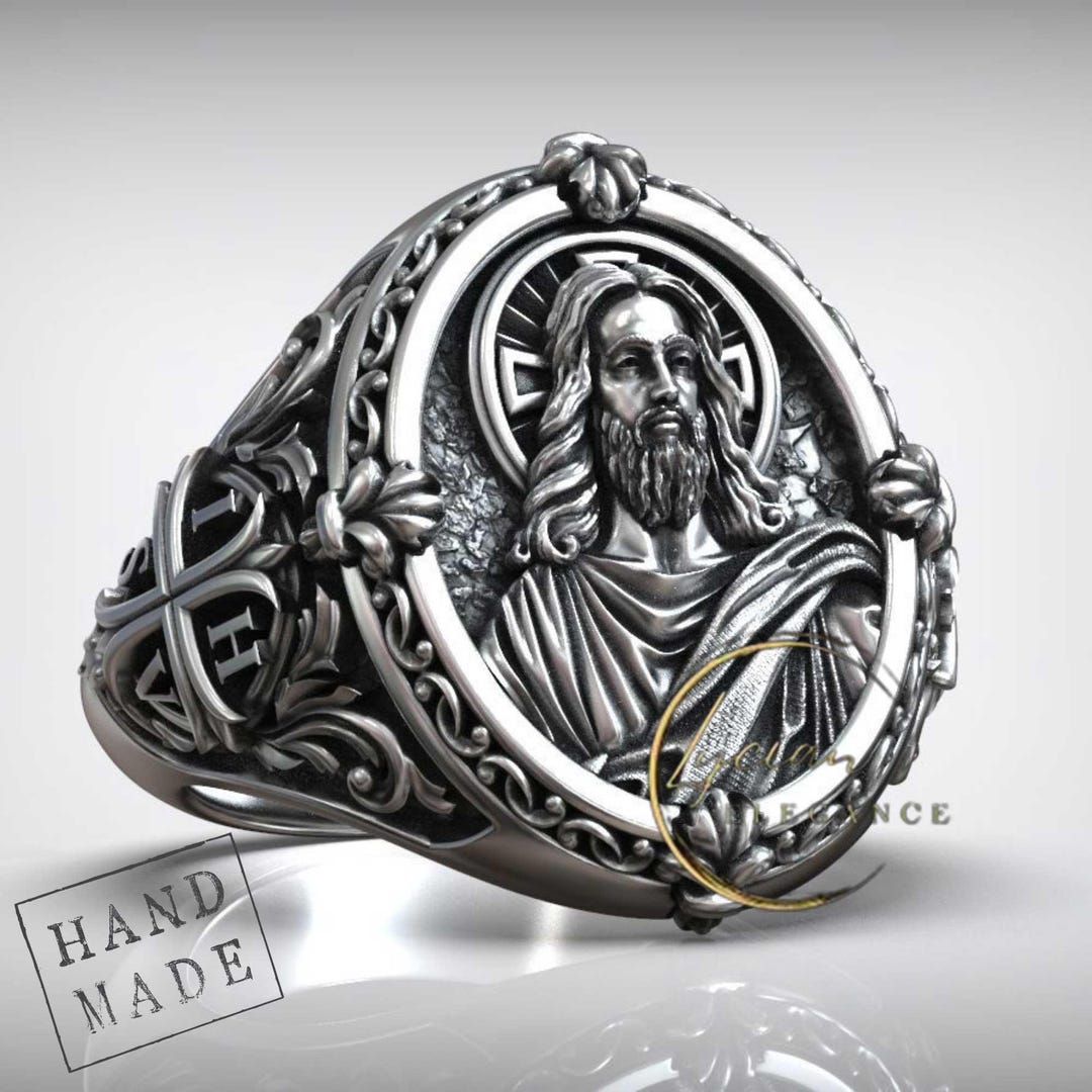 Handmade Jesus Christ Ring: 18K Gold Plated Sterling Silver IHS Signet ...