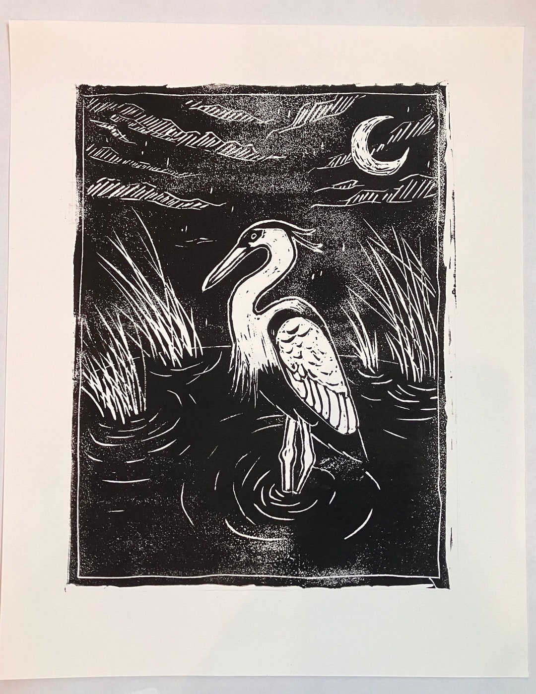 Heron on the Water Original Linocut - Etsy