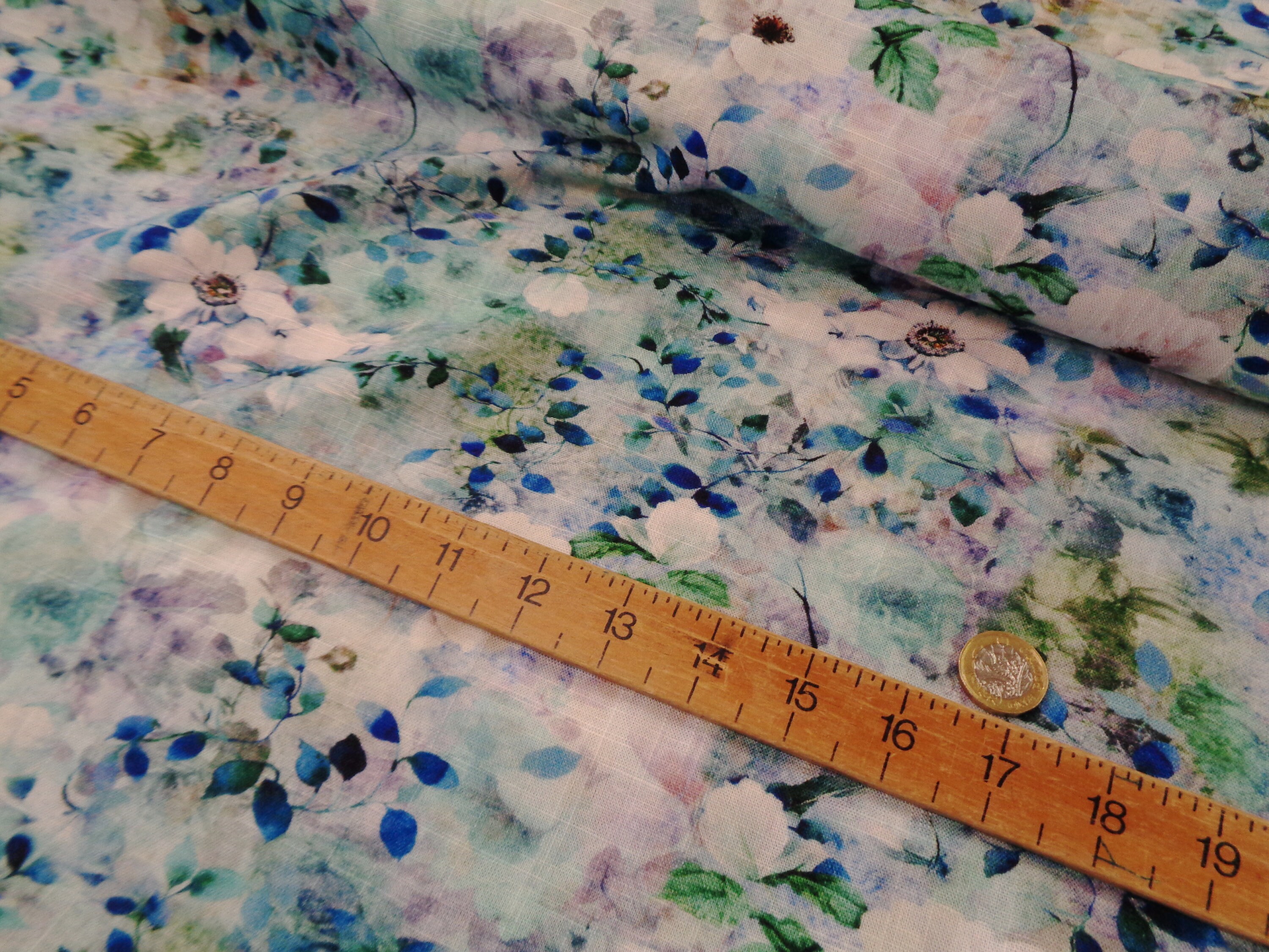 Linen and Viscose Fabric Dressmaking Floral Watercolour Blues/greens ...