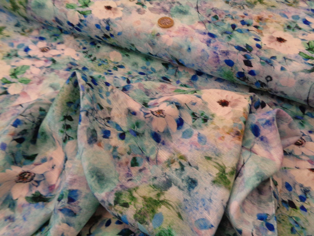Linen and Viscose Fabric Dressmaking Floral Watercolour Blues/greens ...