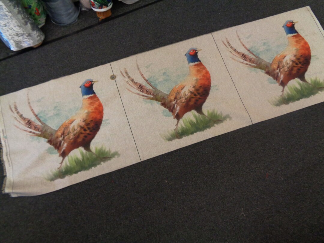 Pheasant Fabric Panels 3 in a Strip Approx 45cms Square Linen Look Feel ...