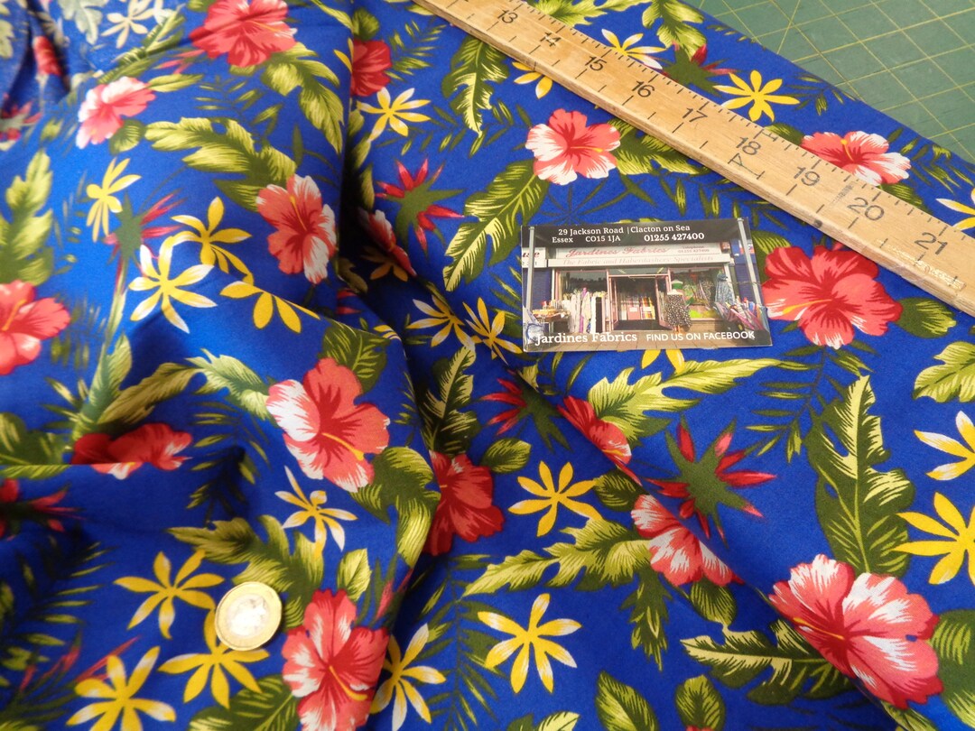 Cotton Fabric Tropical Hibiscus Floral Royal Blue Retro Dressmaking Fabric 148cms Wide Soft Sold ...