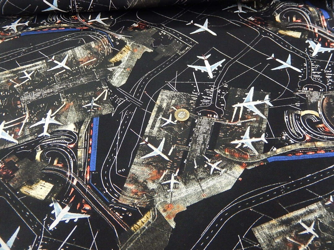 Airport Planes Aircraft Runway Fabric Black Closely Woven Light Canvas ...