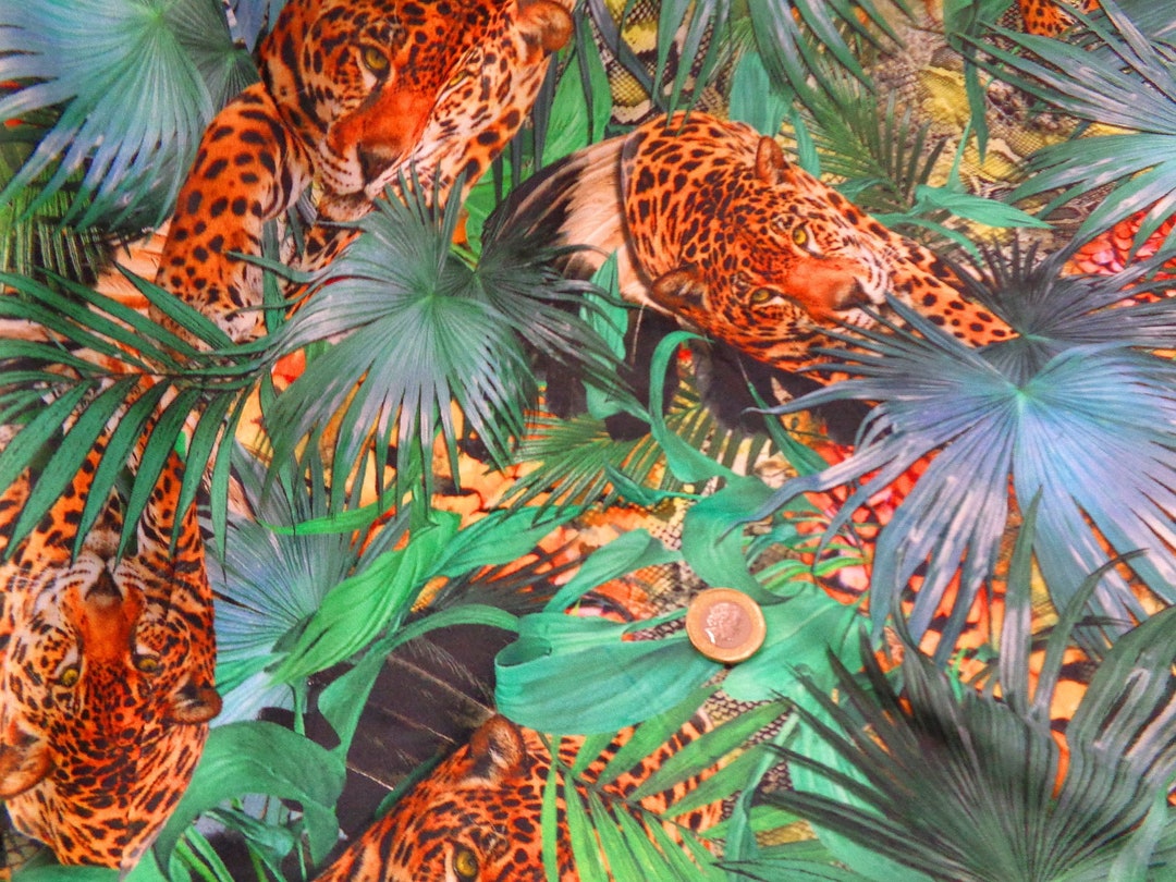 Tropical Plush Velvet Fabric Tropical Wild Cat Leopard Palms Soft ...