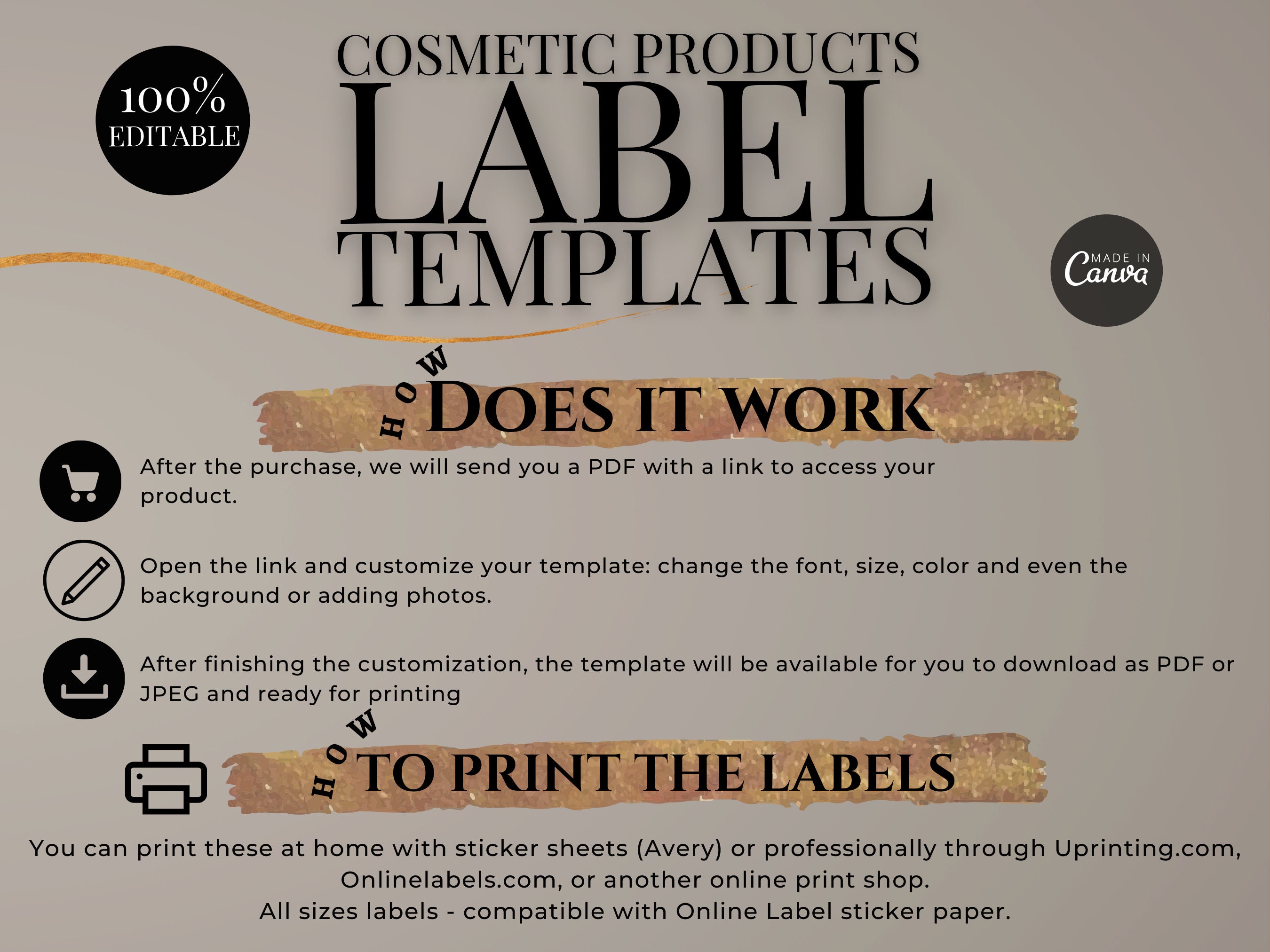 Black and Gold DIY Edit Cosmetic Product Label Editable | Etsy