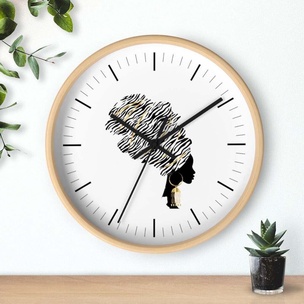 African Woman Head Wrap Black White and Gold Wall Clock/white and Gold ...