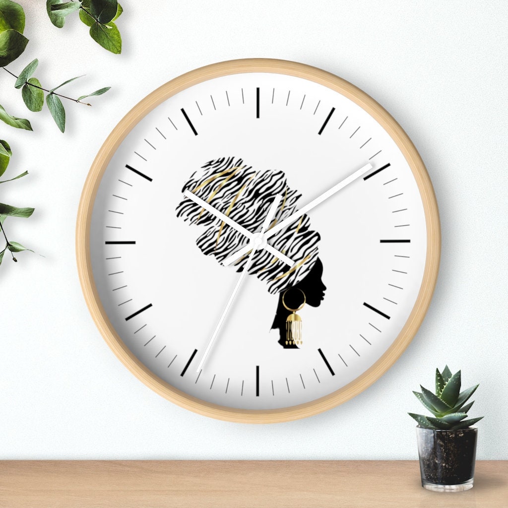 African Woman Head Wrap Black White and Gold Wall Clock/white and Gold ...