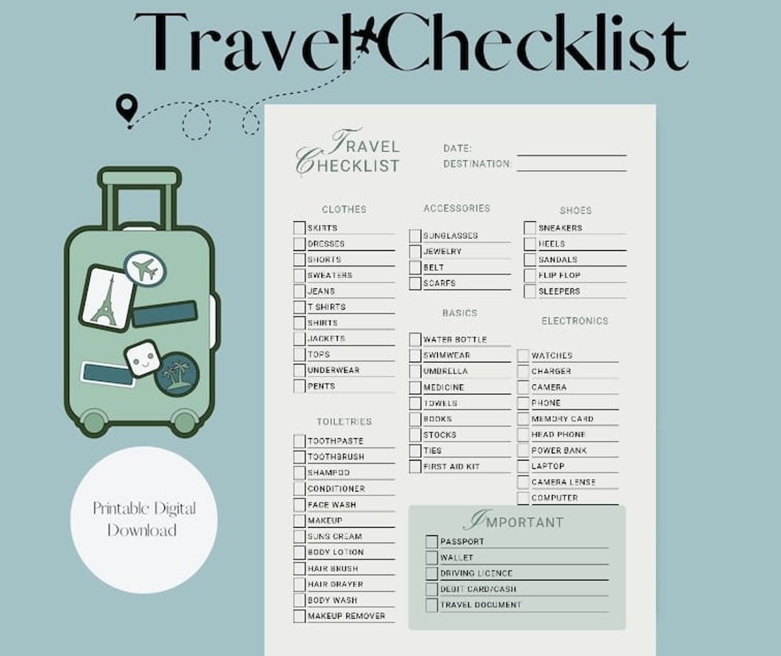 Printable Travel Packing List - Travel Checklist Holiday, Vacation ...