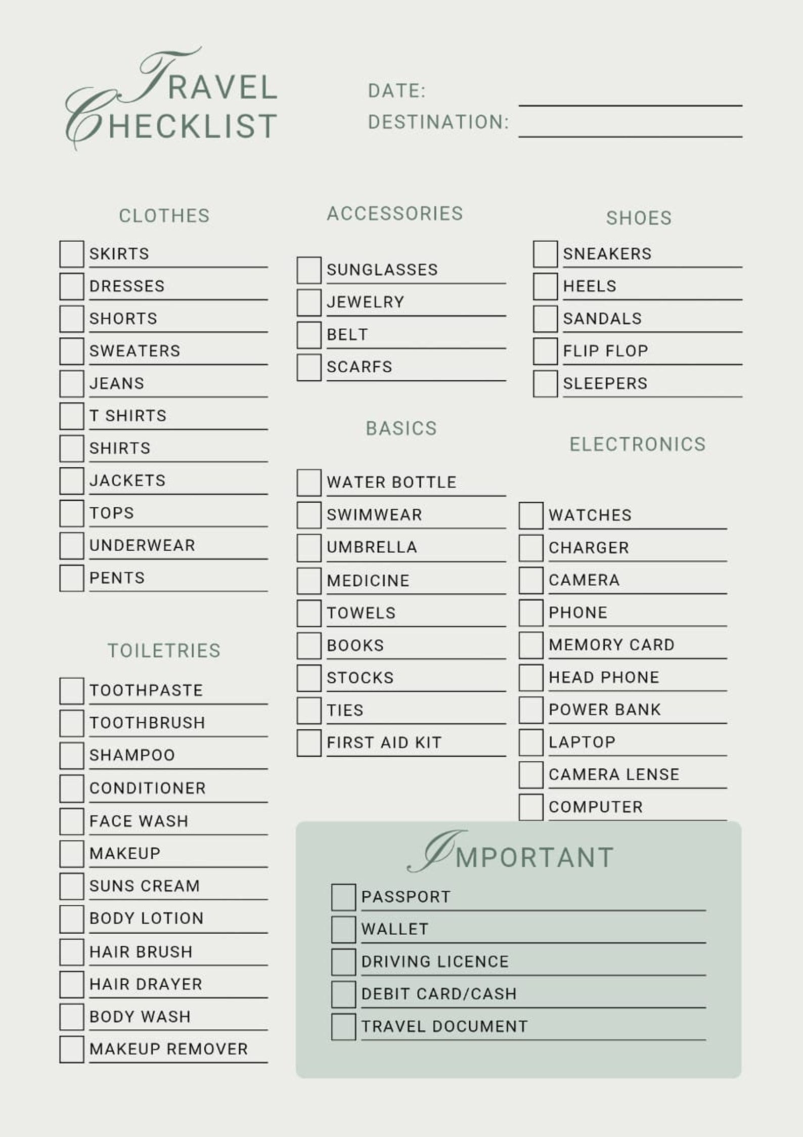 Printable Travel Packing List - Travel Checklist Holiday, Vacation ...