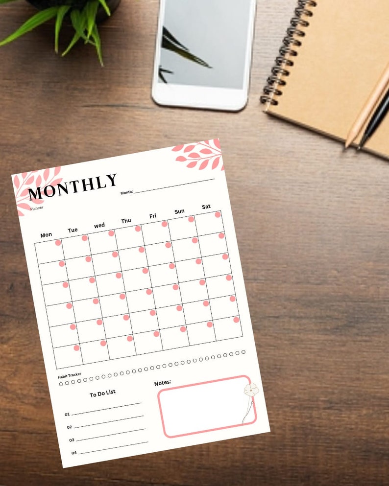 Monthly Blank Calendar, Printable Calendar, Blank Calendar Page ...