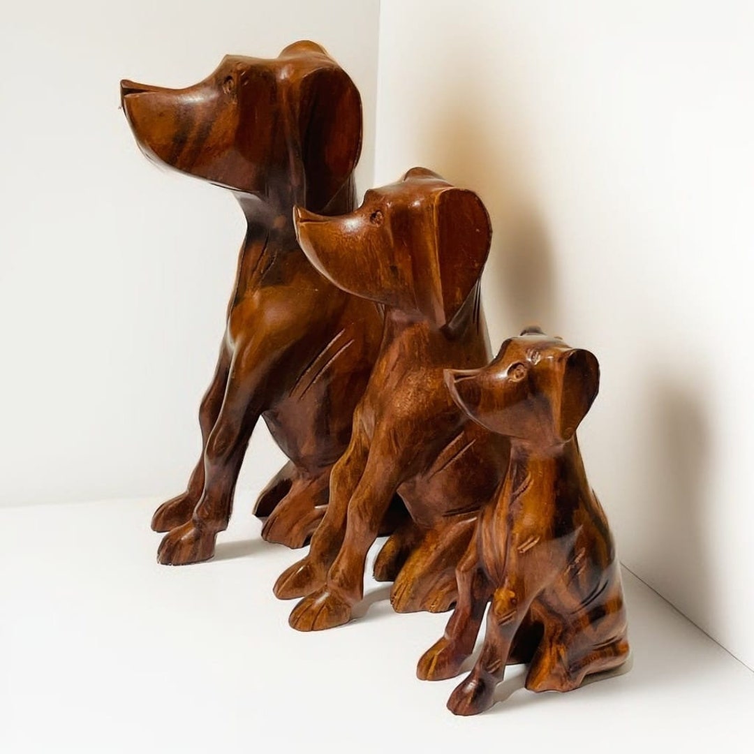 Dog Sitting Set of 3 , Wood Statue, Wood Carving, Figurine, Home Decor ...