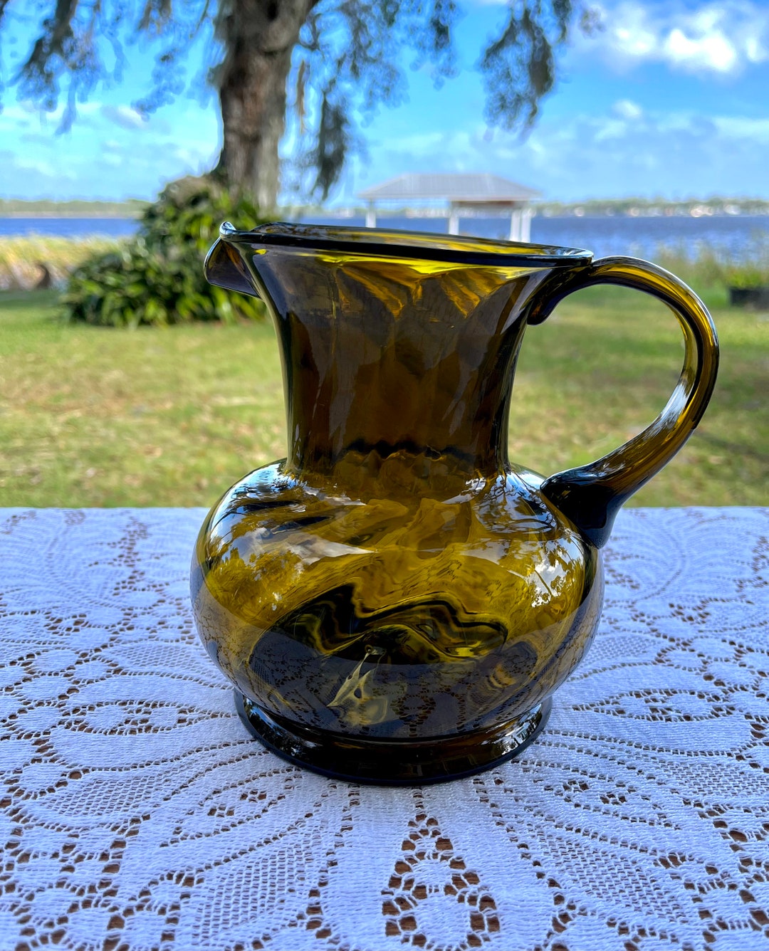 Vintage Handblown Footed Art Glass Pitcher With Attached Handle - Etsy