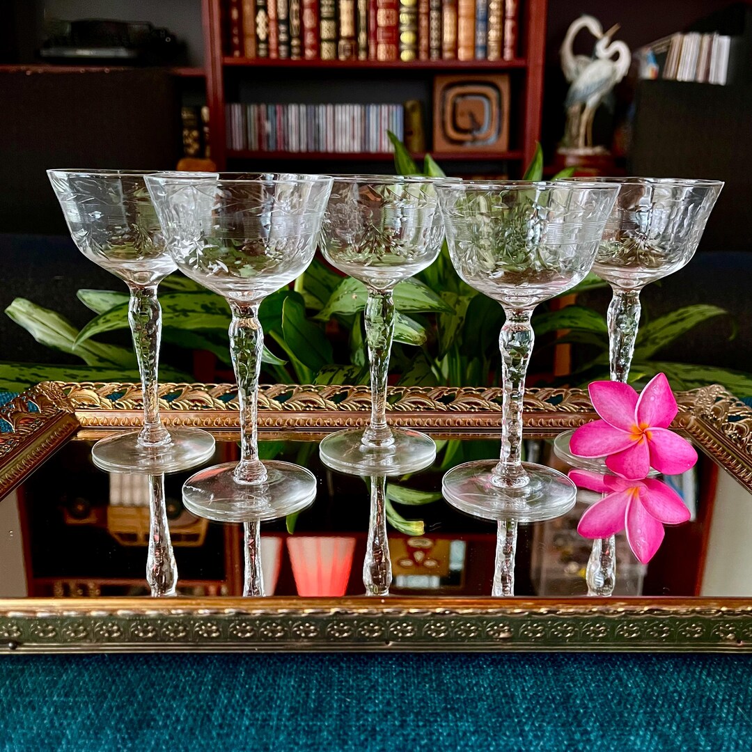 Vintage Seneca Glass Cocktail Coupes (set of 5) - Polished Floral Cut ...