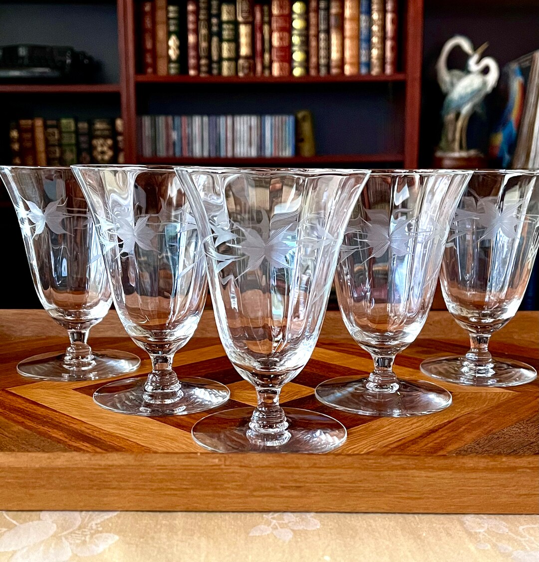 Set of 5 Vintage Etched Optic Glass 8 Oz Footed Tumblers - Water Glass ...
